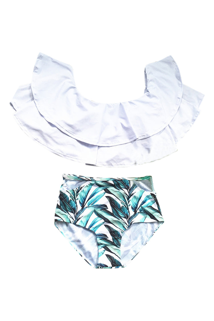 Iyasson Solid Falbala Bikini Top With Leaves Printing Bottom
